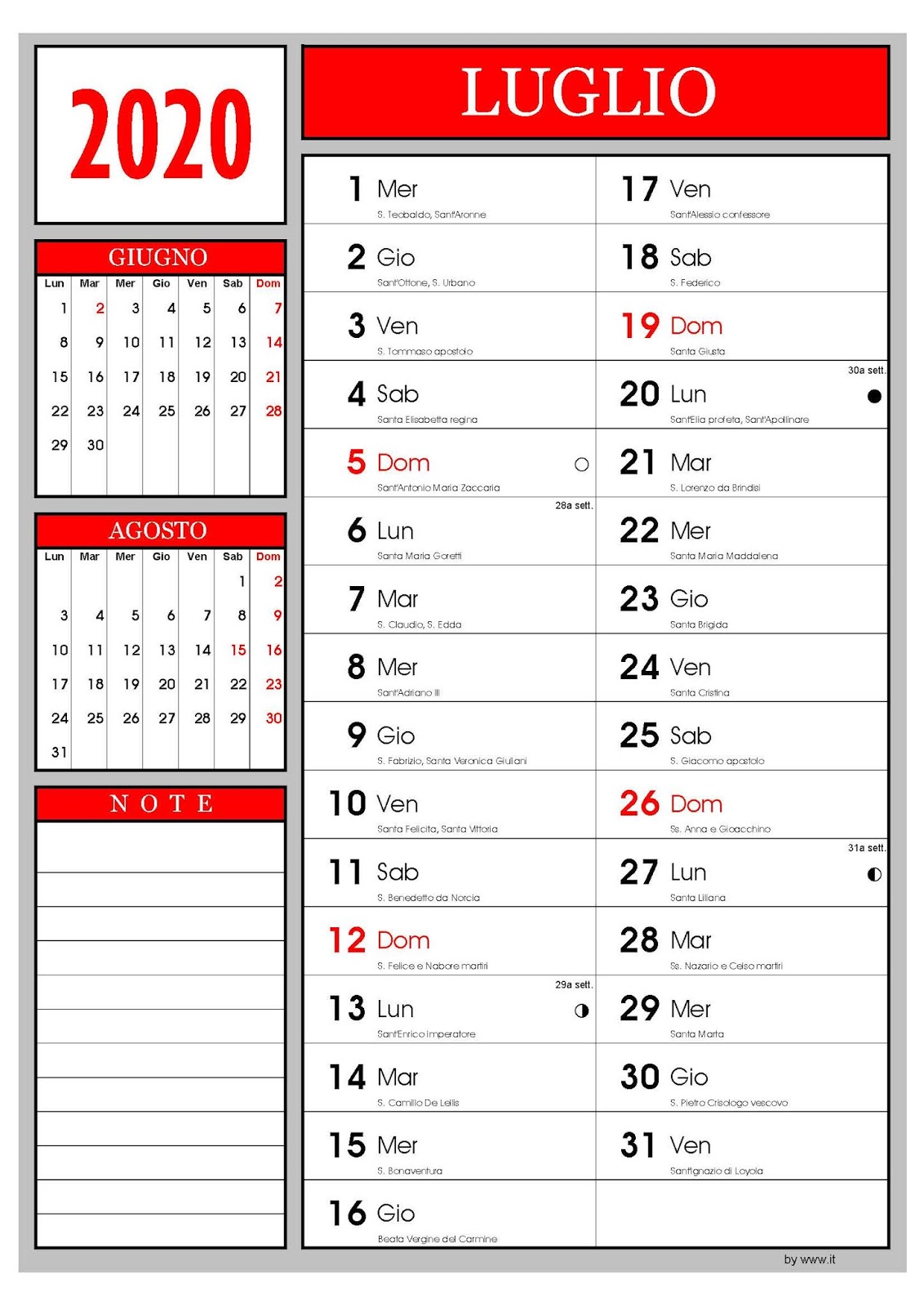 Calendario : Calendario mensile - Luglio 2020