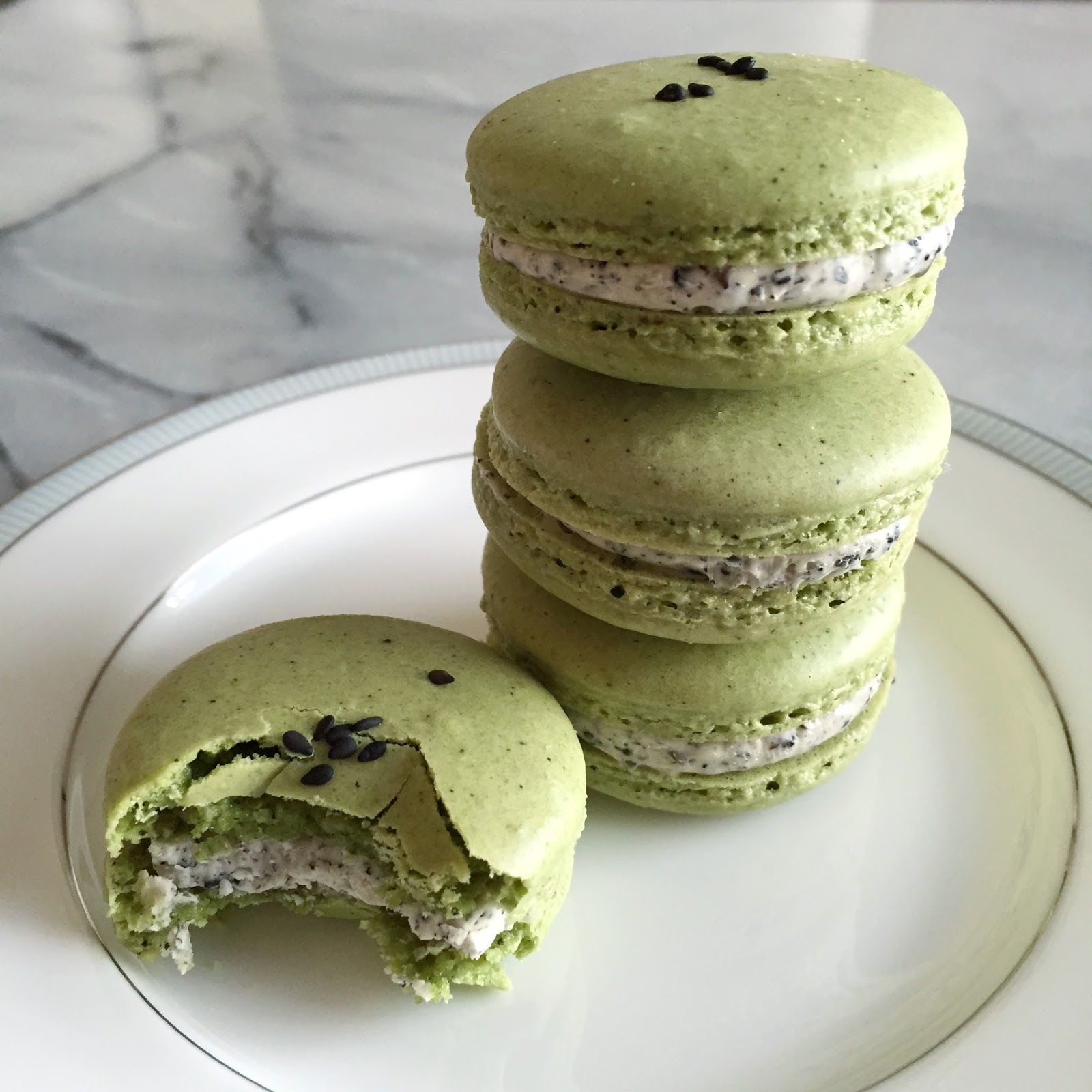 ChibiTofu: Green Tea Macarons with Black Sesame Buttercream