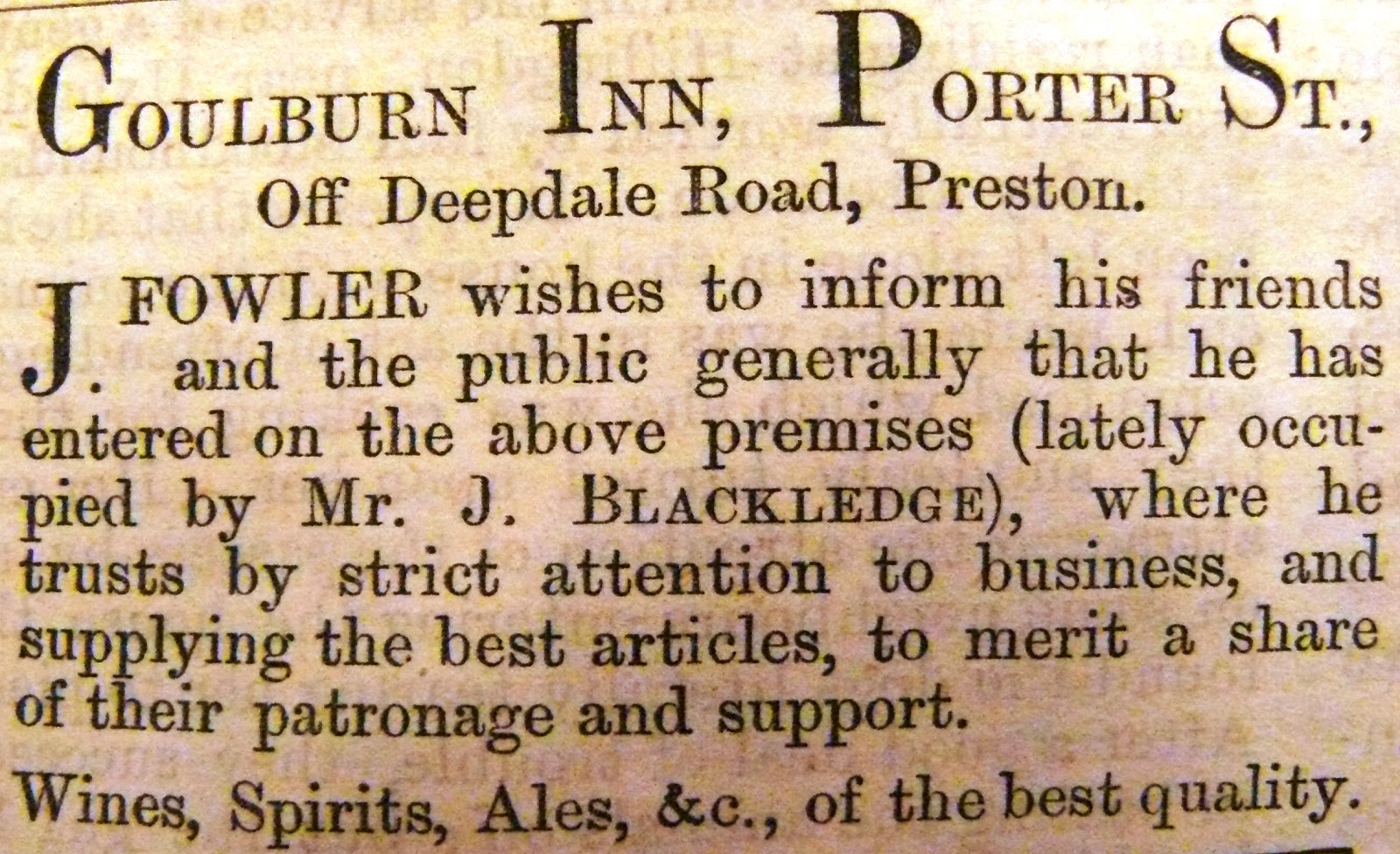 PRESTON'S INNS, TAVERNS and BEERHOUSES: GOULBORN INN, Porter Street