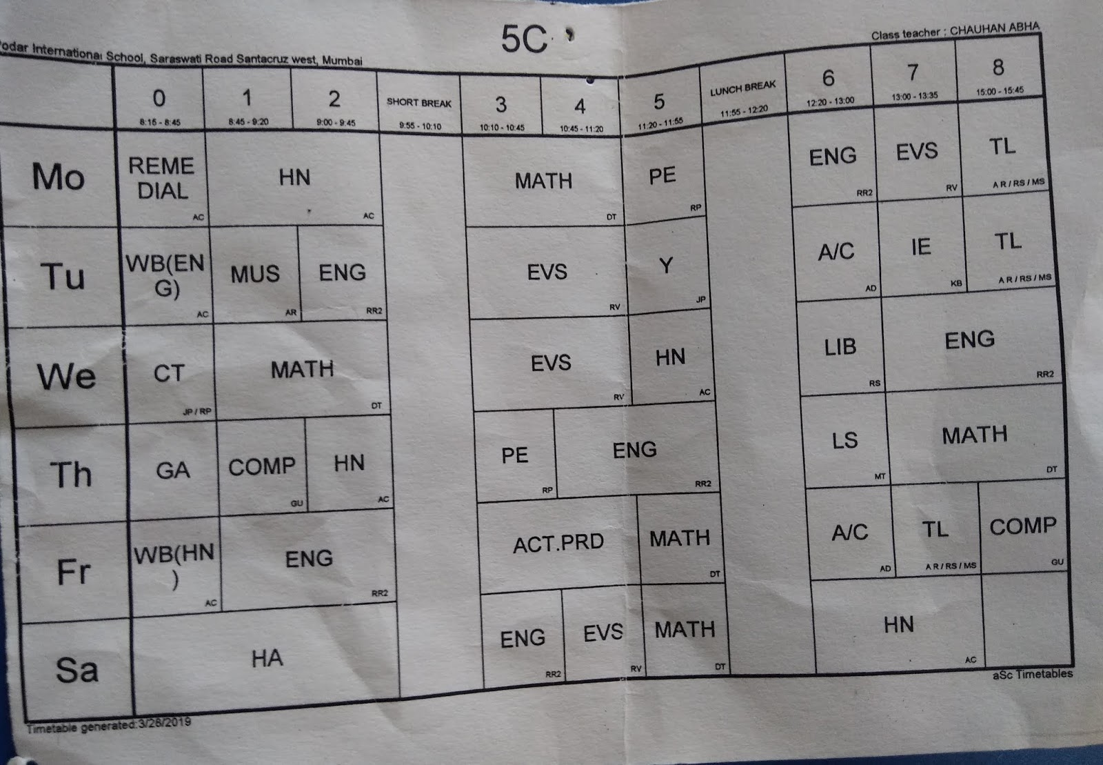5C CLASS TIME-TABLE and Full Form of the subjects