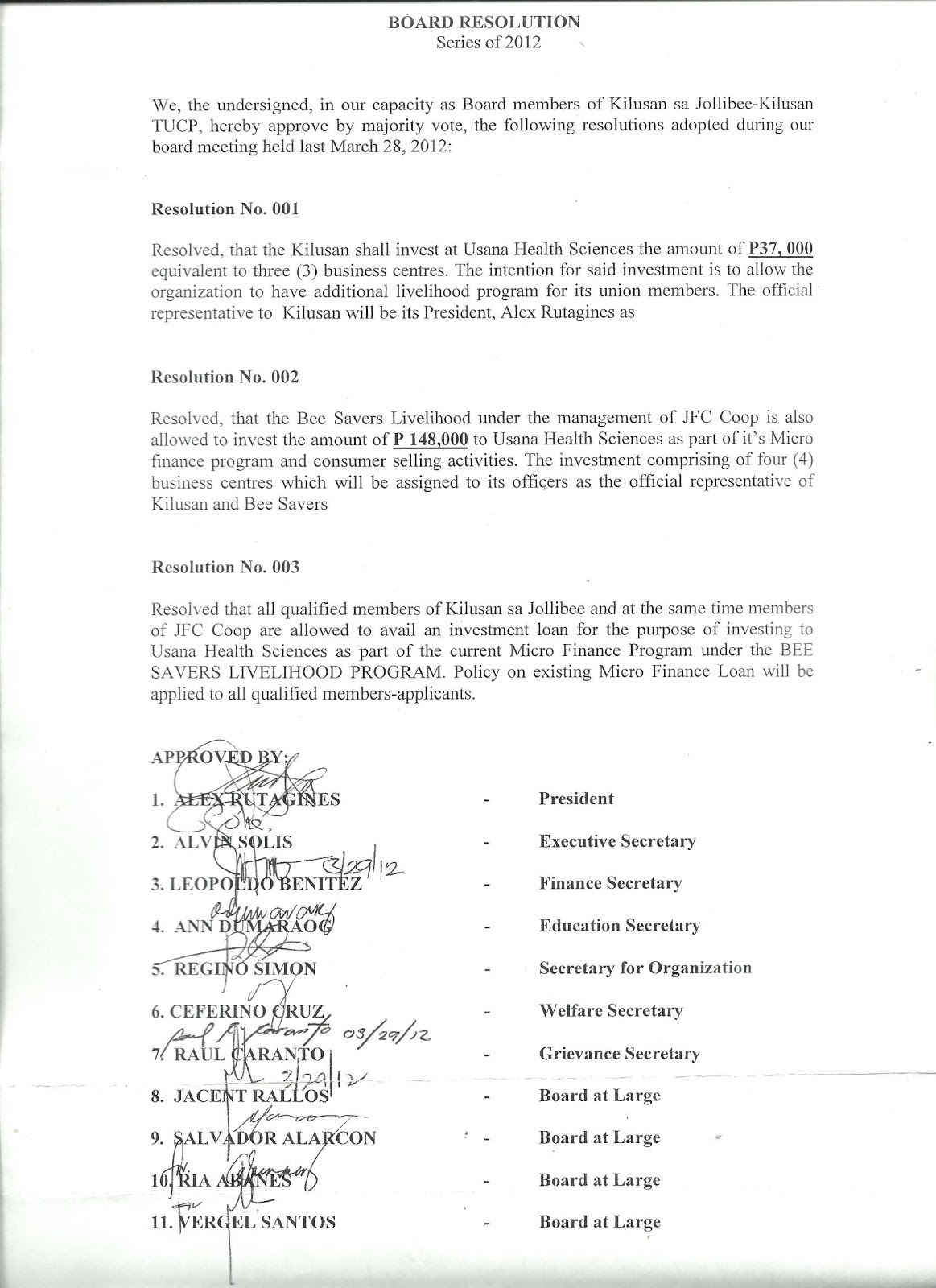 Kilusan sa Jollibee: BOARD RESOLUTION OF BOARD OF DIRECTORS TO INVEST USANA