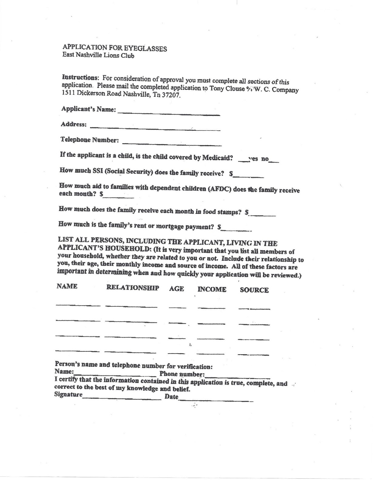 Community Resources in Nashville: Lion's Club East Nashville Application