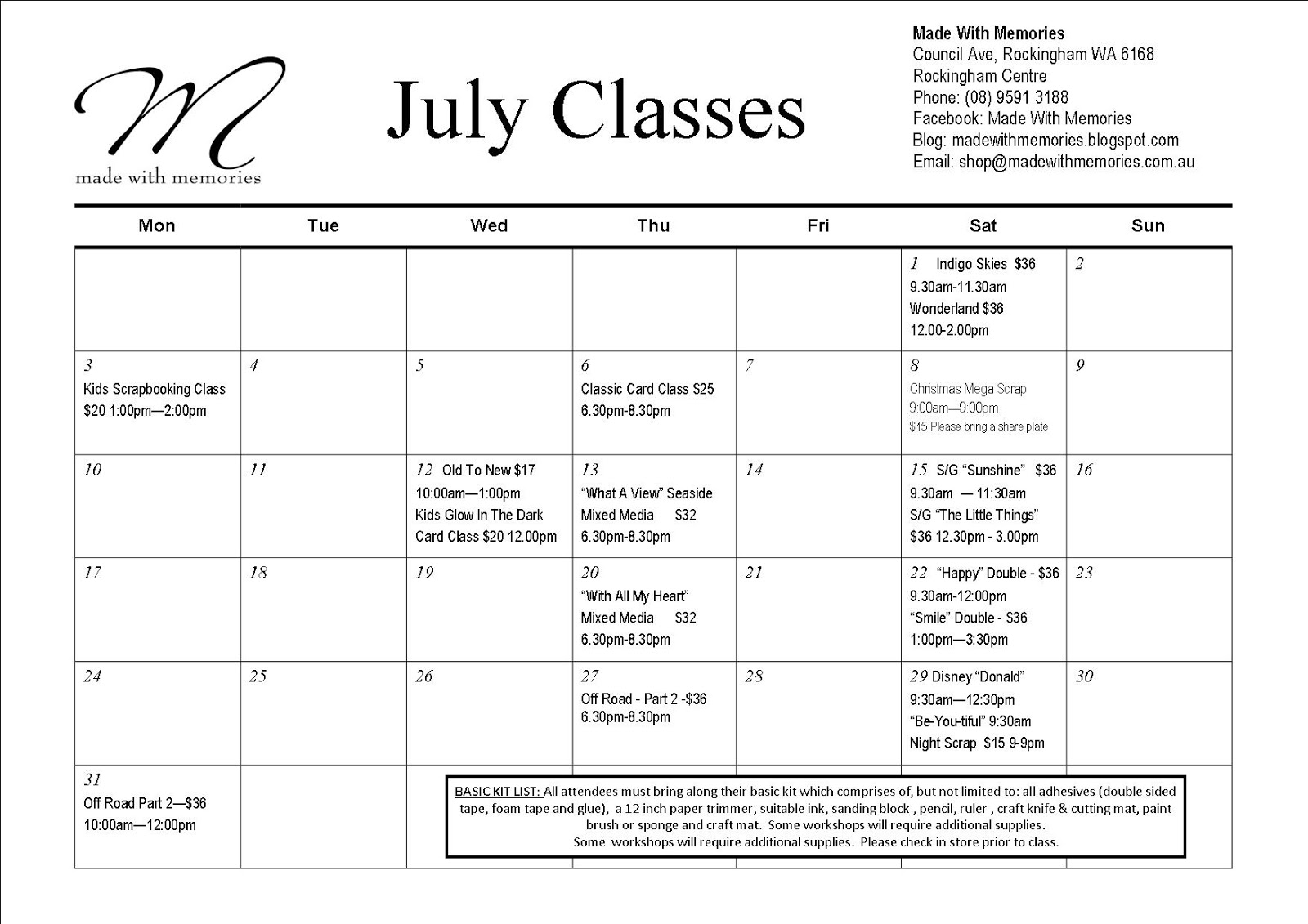 Made With Memories: July Class Calendar