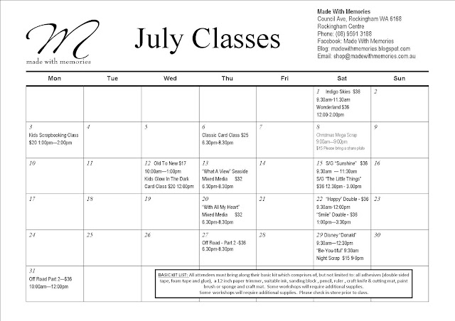 Made With Memories: July Class Calendar