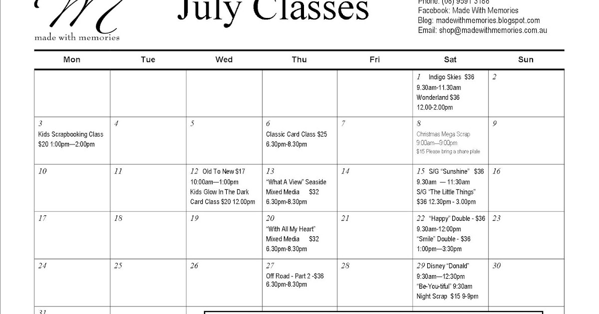 Made With Memories: July Class Calendar