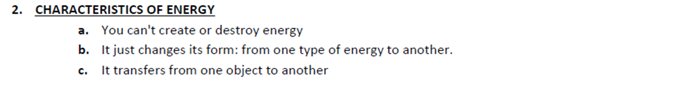 Natural Science 5 grade: 2. ENERGY: Characteristics of energy