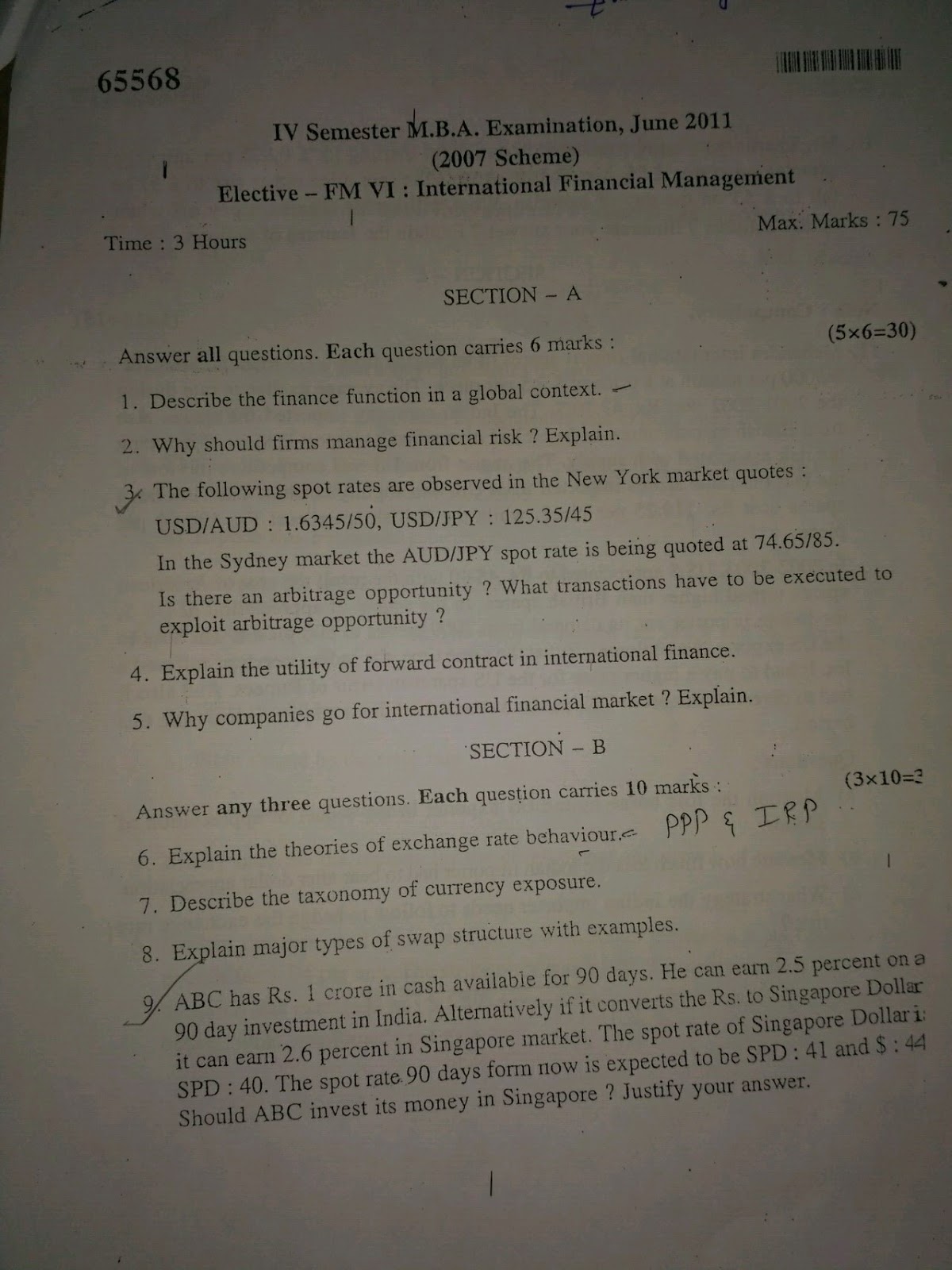 IV SEM INTERNATIONAL FINANCIAL MANAGEMENT QUESTION PAPERS