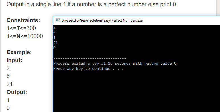 Geeksforgeeks Solution For " Perfect Numbers