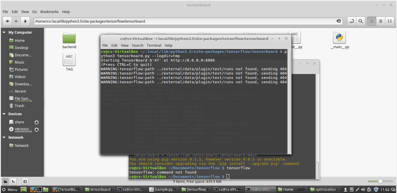 TensorFlow setup using pip3 and Starting Tensorboard in Linux Mint VirtualBox