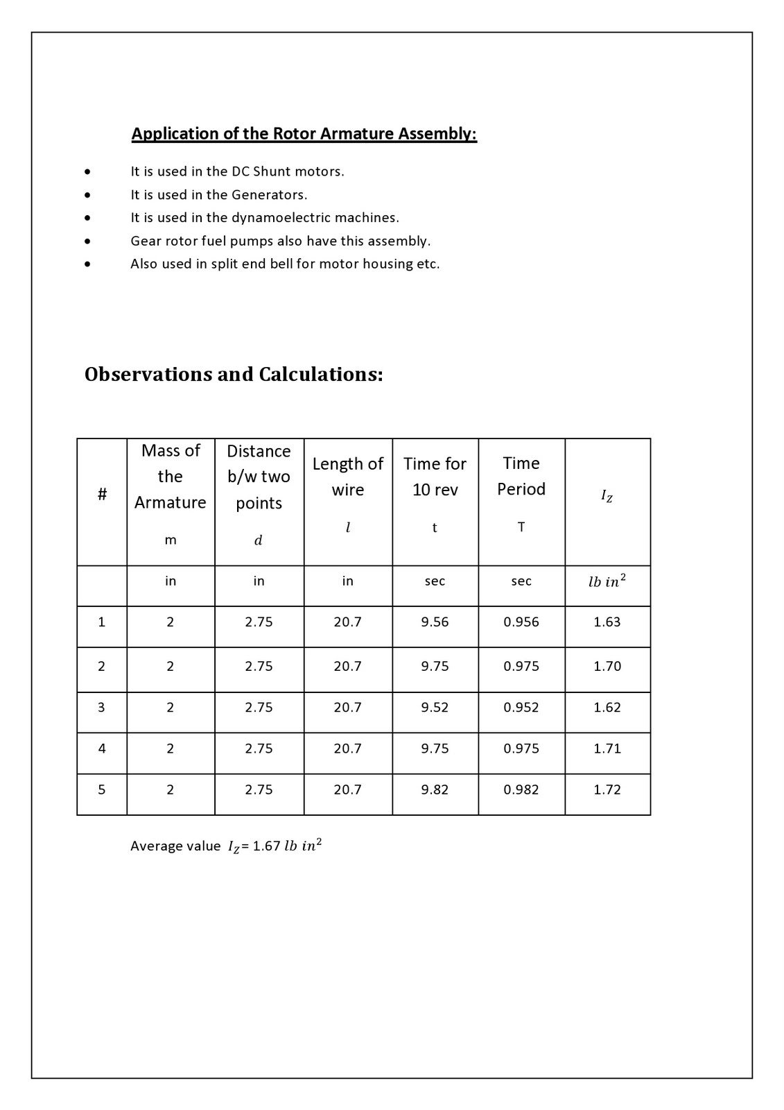 The EngineerinG Diary: Moment of Inertia of Rotor Armature Assembly