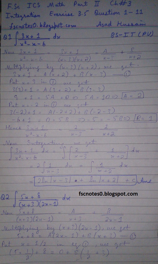Fsc Ics Notes Math Part 2 Chapter 3 Integration Exercise 3 5 Question 1 11