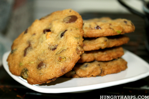 Hungry Harps: Crisp Chocolate Chip Cookies with Dried Cherries & Pistachios