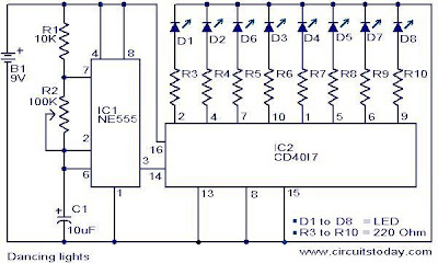 based on NE555 (IC1) & CD4017 (IC2) Dancing Light circuit - Electronic ...