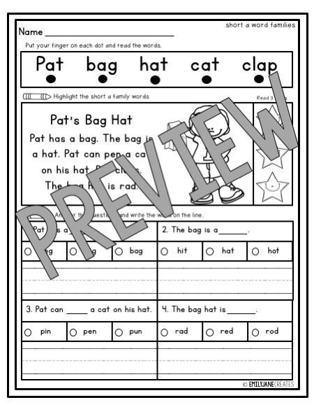 Emily Jane Creates: READING COMPREHENSION PASSAGES-CVC WORD FAMILY WORDS
