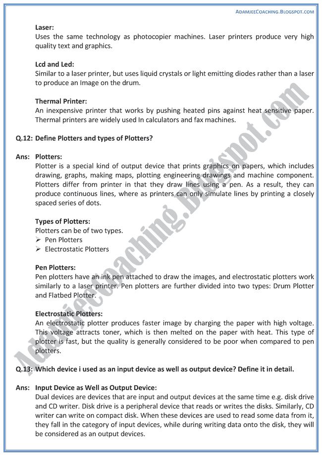 Adamjee Coaching Input Output Devices Descriptive Question Answers