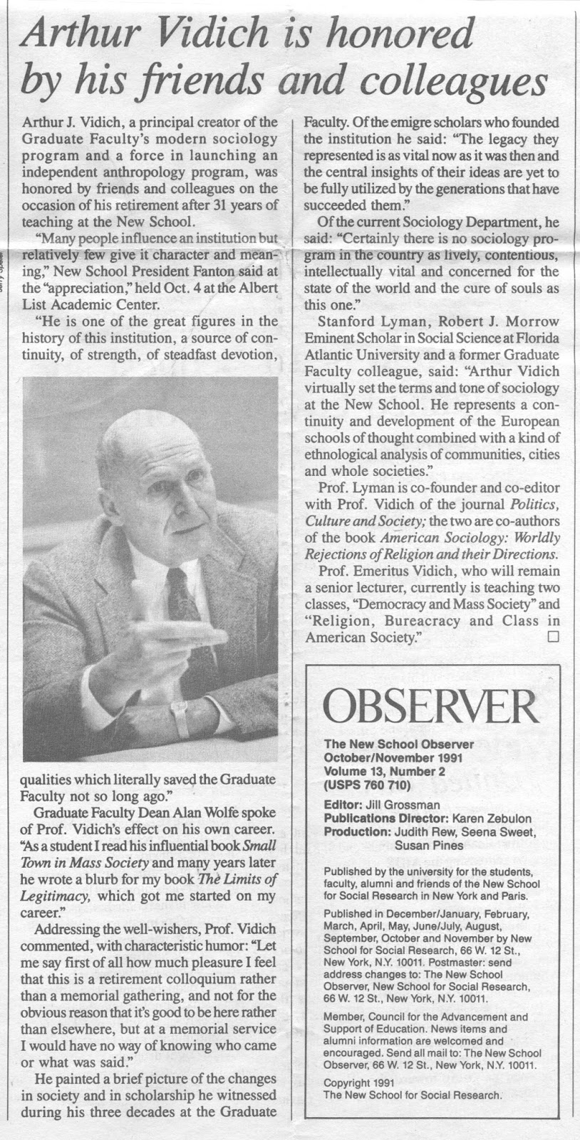 A Pictorial Biography of Arthur Vidich: Arthur Vidich Honored by ...