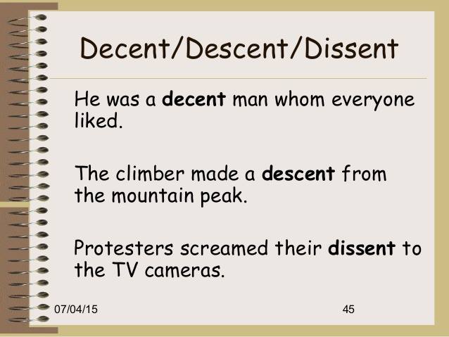 What are the differences between descent, decent, and dissent?
