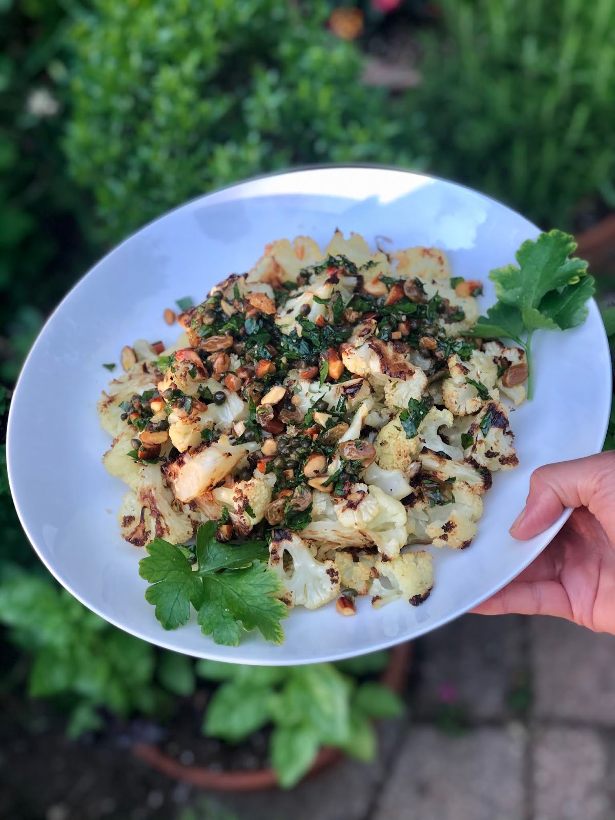Roasted Cauliflower w/ Caper Raisin Nut Relish