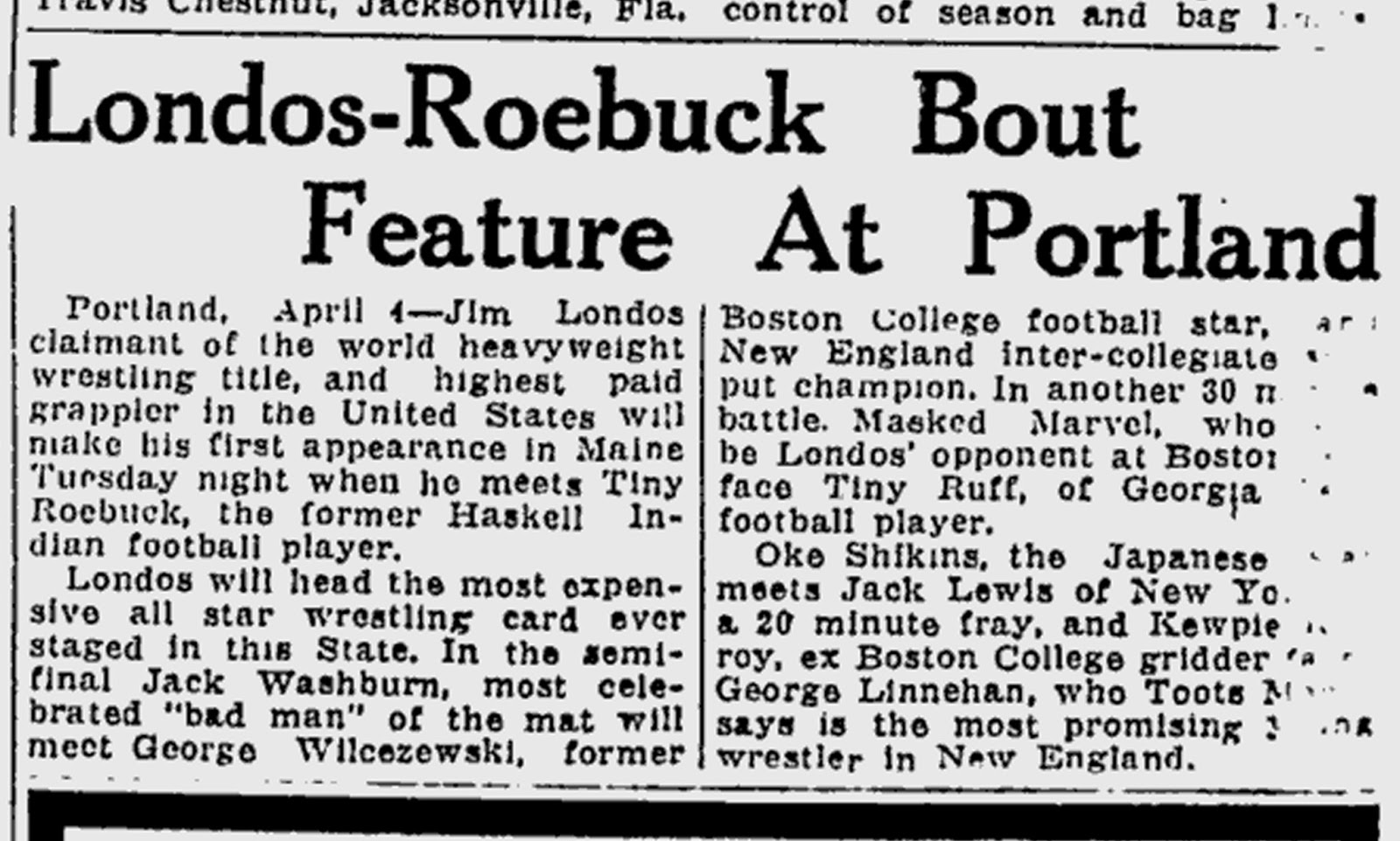 Maine Pro Wrestling: Jim Londos Makes his Maine Debut, 1932