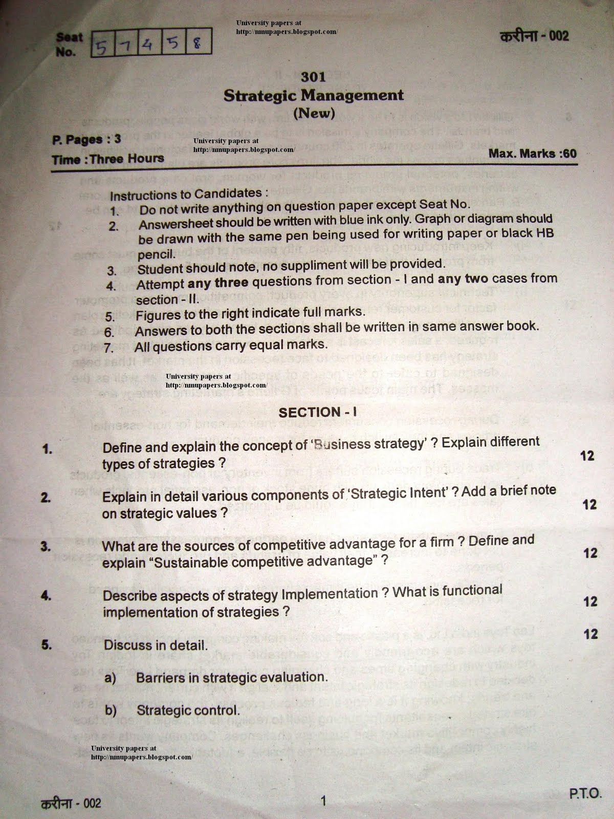 NMU PAPERS: NMU JALGAON QUESTION PAPERS | MBA-2ND -301 | STRATEGIC ...