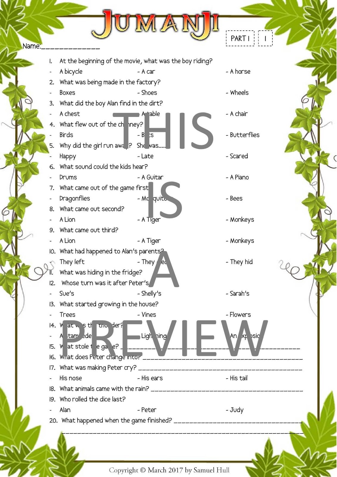 Jumanji (1995) - Movie Guide Questions + Activities - Answer Key ...