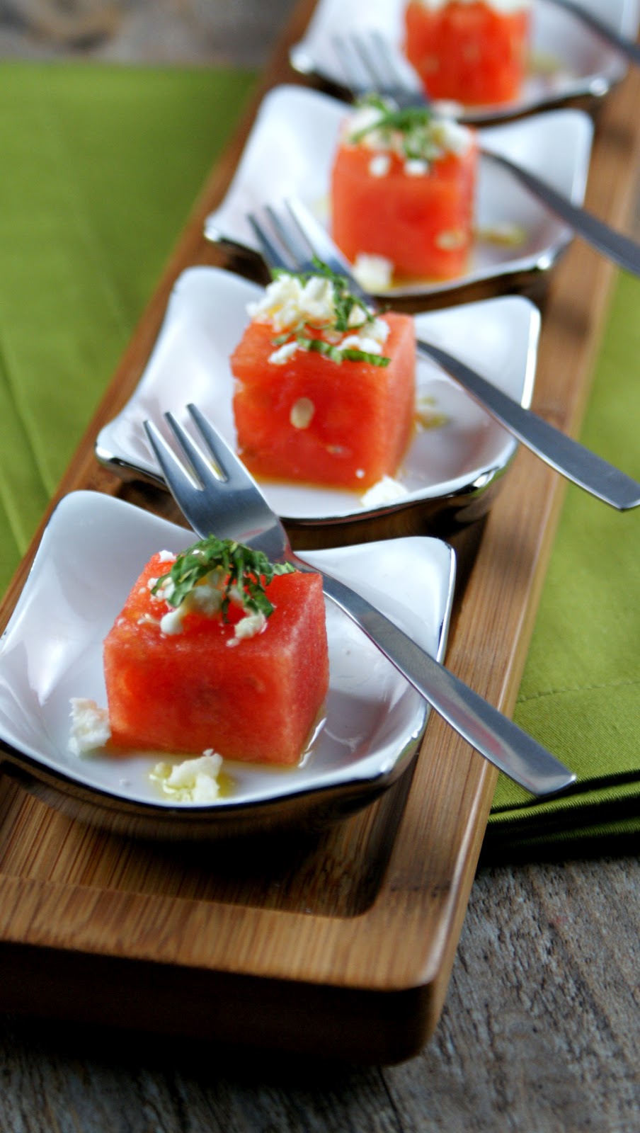 Authentic Suburban Gourmet: Watermelon Bites with Basil Oil, Feta & Mint