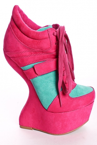 FUCSHIA FAUX SUEDE LACE UP SNEAKER HEELLESS GRAVITY WEDGES | Womenify