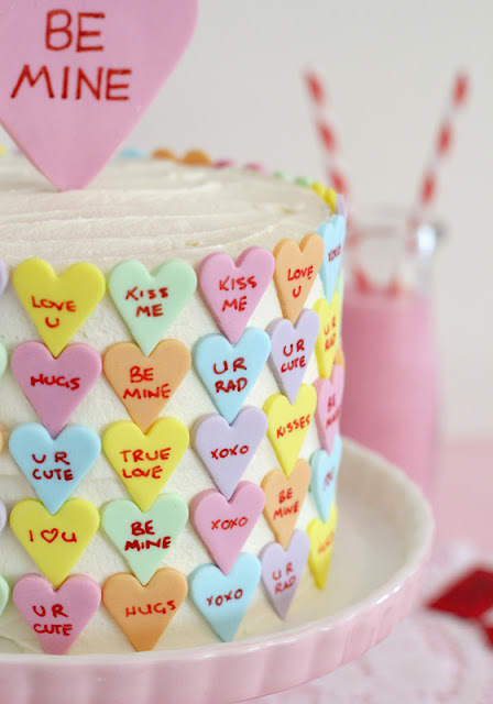 butter hearts sugar: Conversation Heart Valentines Cake