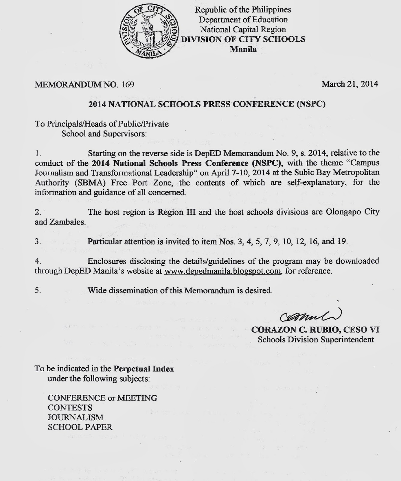 Department of Education Manila: Division Memorandum No. 169 - 2014 ...