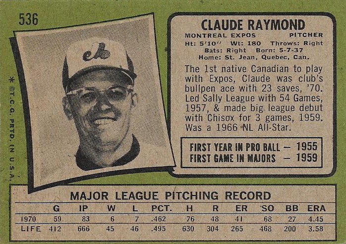Topps 1971: no. 536 - claude raymond