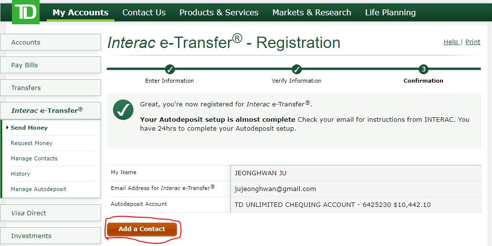 Jeonghwan Ju: Canada TD Bank e-Transfer 캐나다 TD은행 이메일 주소로 송금하기