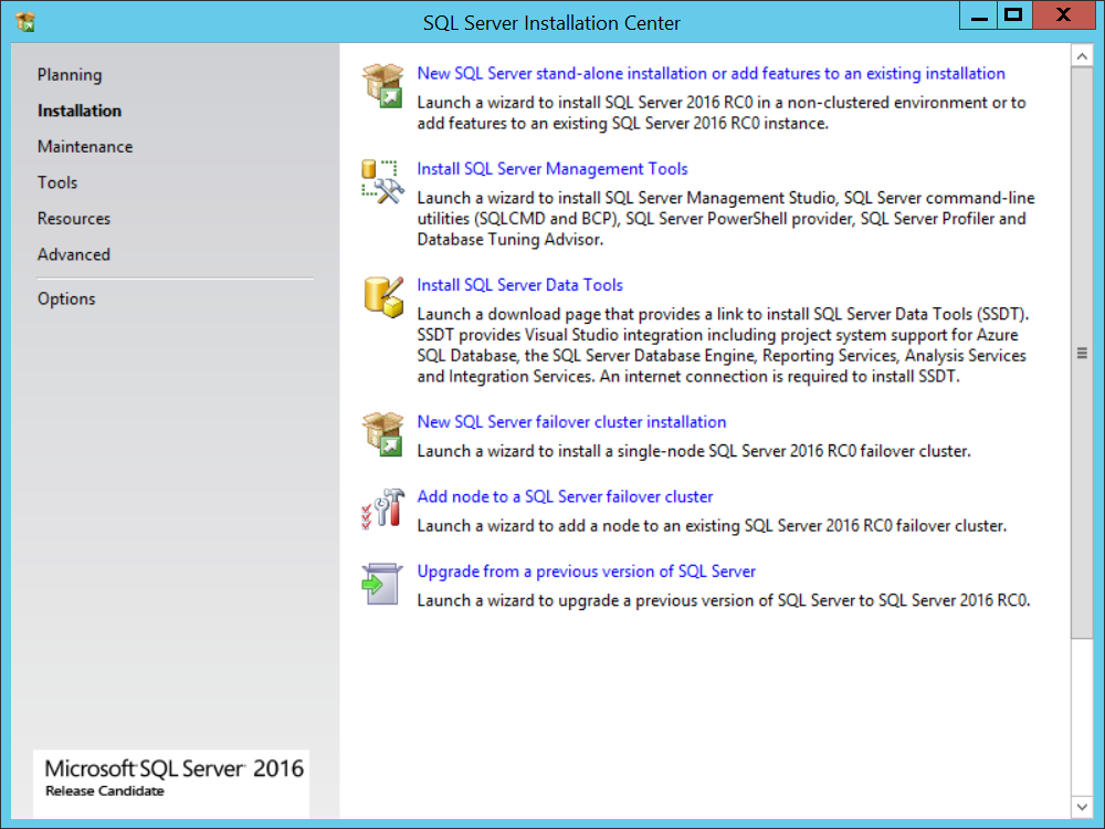 Cambios en la instalación de SQL Server 2016 RC0