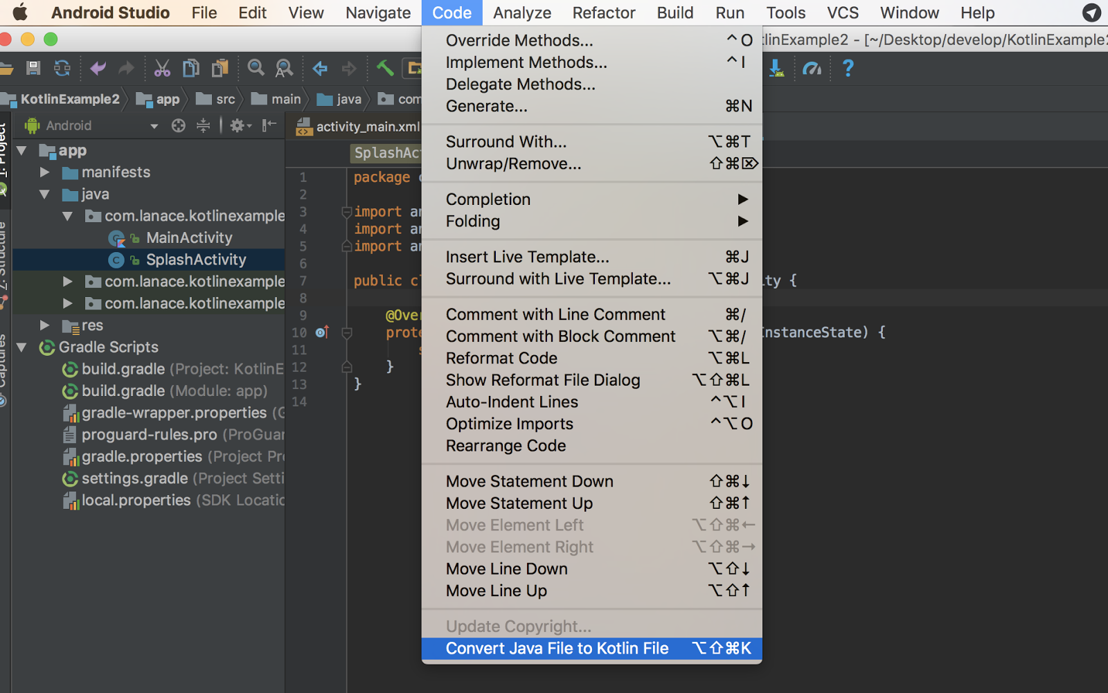 Android Studio 3.0에서 Java 코드를 Kotlin으로 변환하는 방법