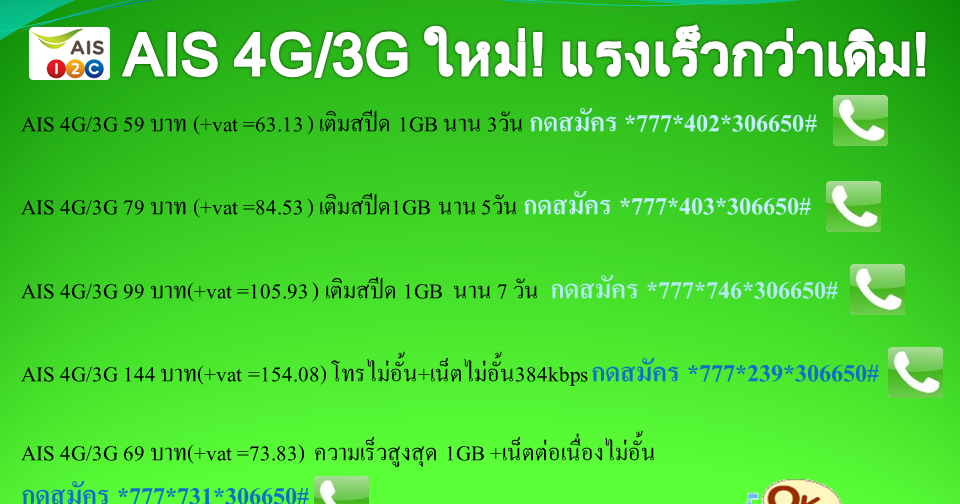 โปรเน็ต AIS วันทูคอล: AIS เน็ตรายสัปดาห์ 4G/3G