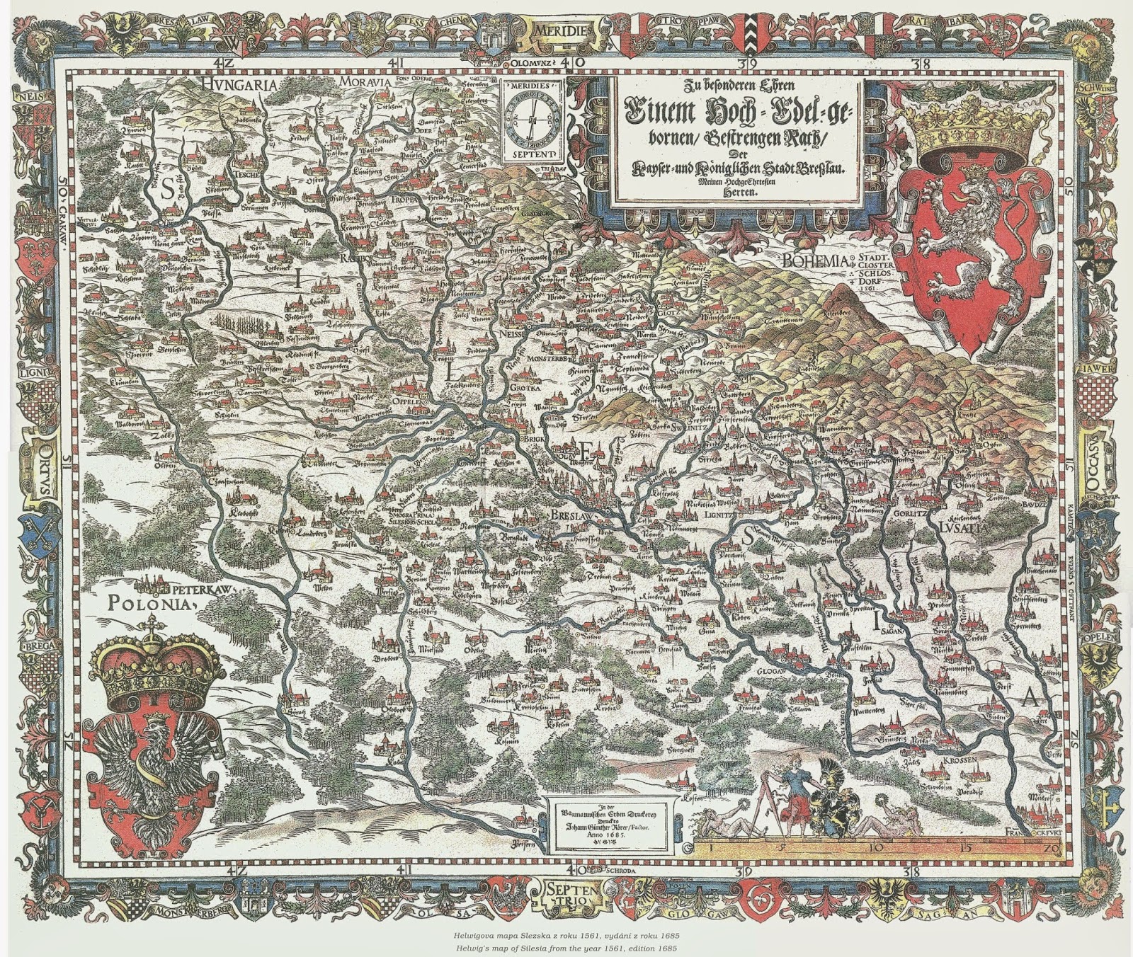 Moravská orlice: Helwigova mapa Slezska z roku 1561, vydání z roku 1685