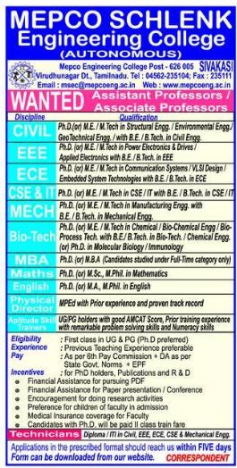 Mepco Schlenk Engineering College, Sivakasi, Wanted Assistant Professor Plus Associate Professor ...