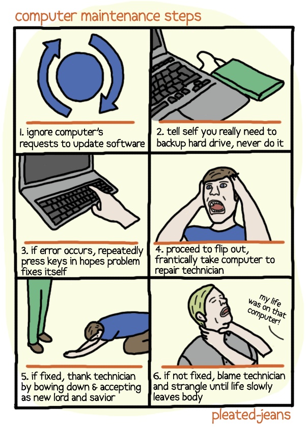 Geek Jokes: Computer maintenance steps comic strip