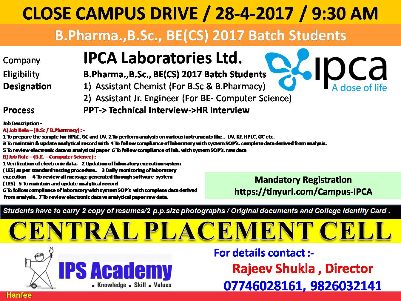 Central Placement Cell: IPCA Laboratories Ltd. Close Campus Drive