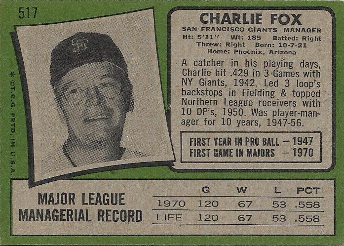 Topps 1971: no. 517 - charlie fox