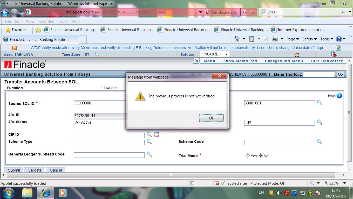 Solution for the SOL transfer error-"The previous process is not yet ...