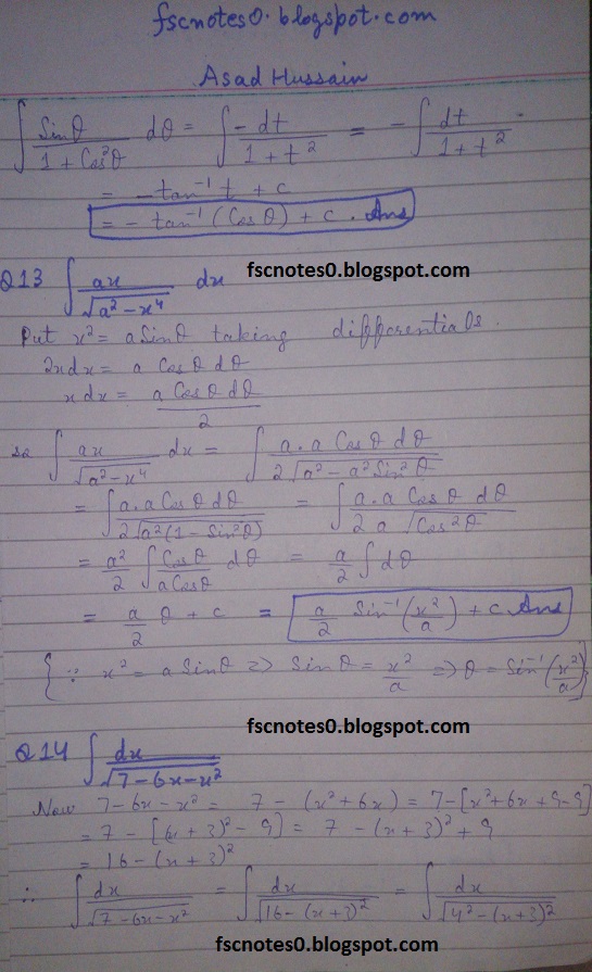 FSc ICS Notes Math Part 2 Chapter 3 Integration Exercise 3.3 Complete
