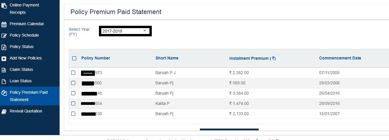 How to download LIC premium paid statement for a whole year?