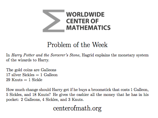 The Center of Math Blog: Problem of the Week 11-15-18: Harry Potter ...