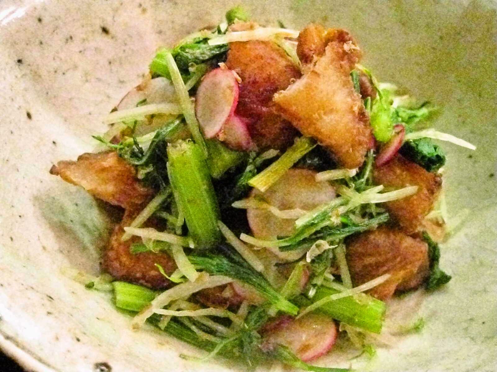 Recipes for Tom: Sakana no karashiage to kinsai, mizuna, radisshu no ...