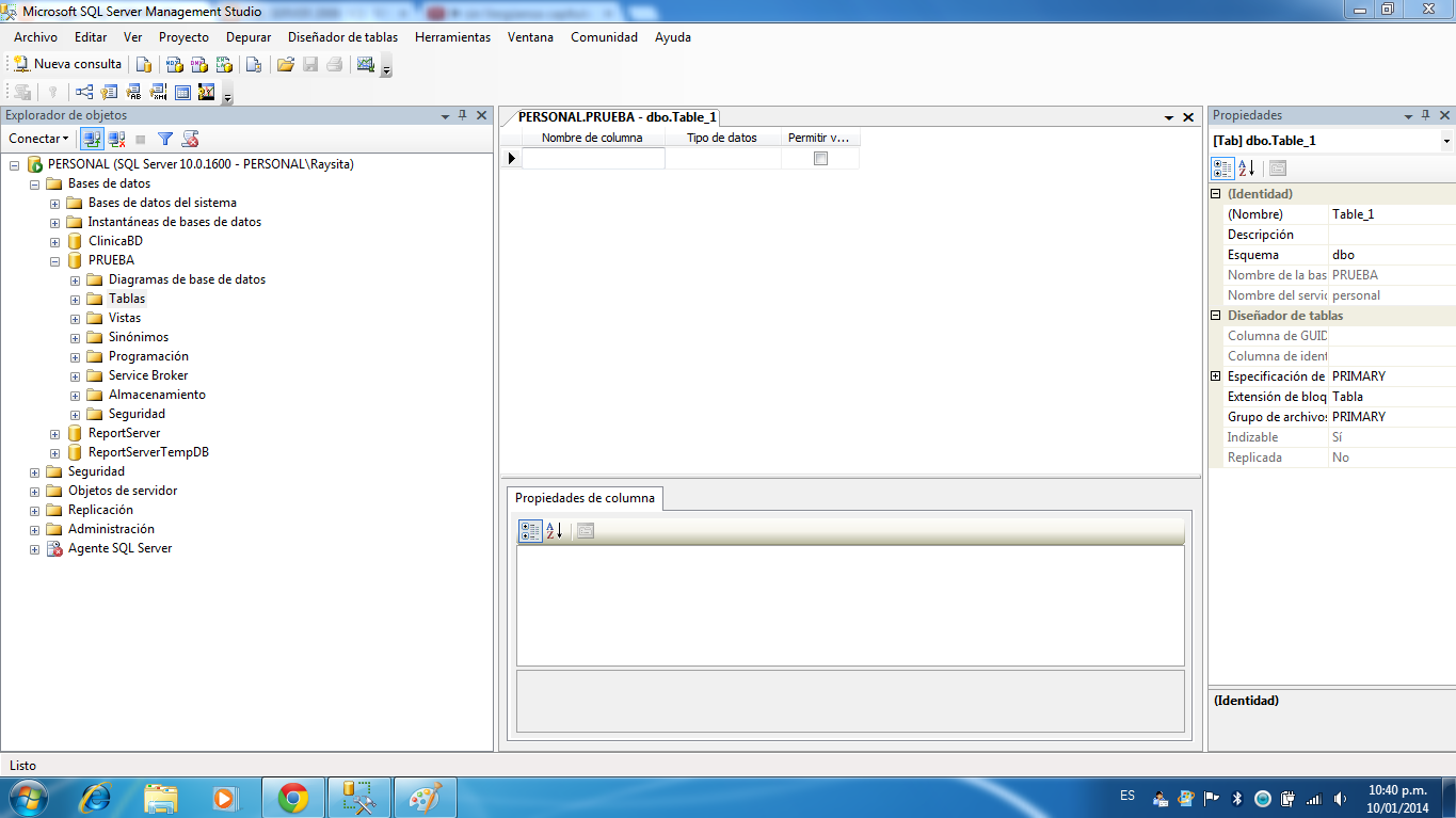 SQL SERVER 2008: Creando una Tabla en SQL SERVER 2008