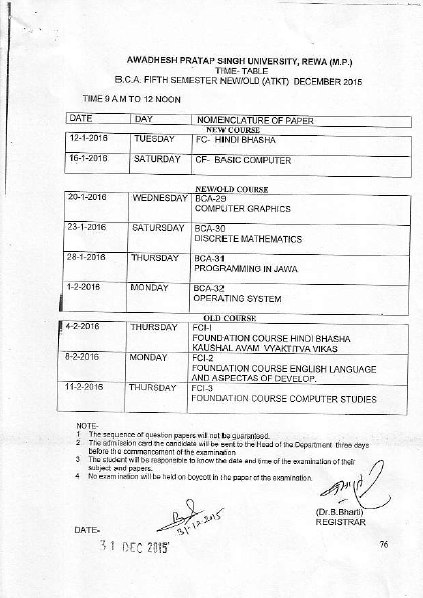 APS University: BCA 5th Semester Time Table Jan 2016 - University ...