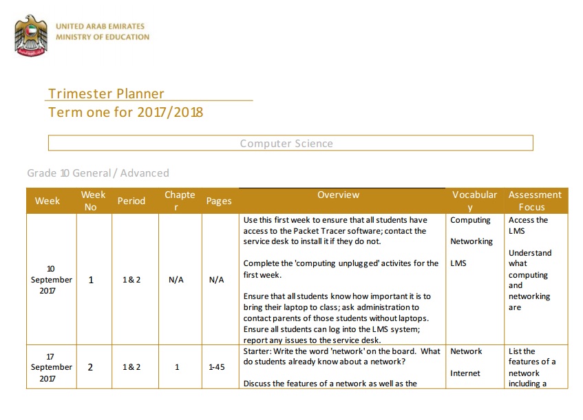 Trimester Planner Term one for 2017/2018 Computer Science Grade 10 ...