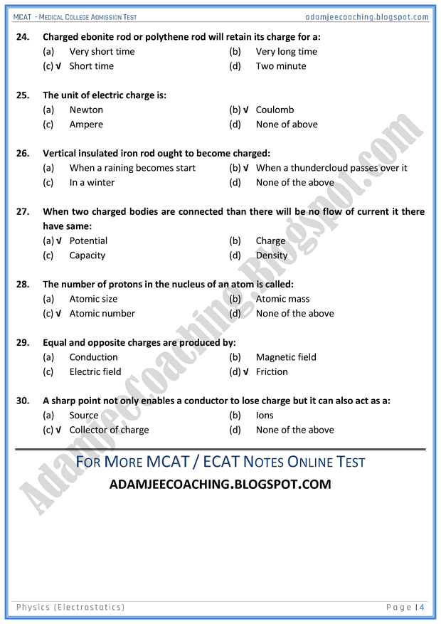 Adamjee Coaching: MCAT Physics [Electrostatics] Mcqs for Medical Entry Test