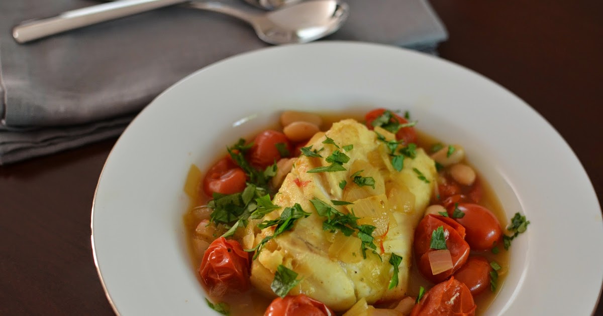 Playing with Flour: Poached saffron cod with burst tomatoes and white beans